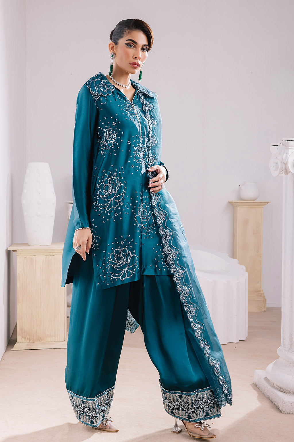 Teal 3-Piece Shamoz Silk Set: Sequins, Embellished Neckline & Dupatta ...
